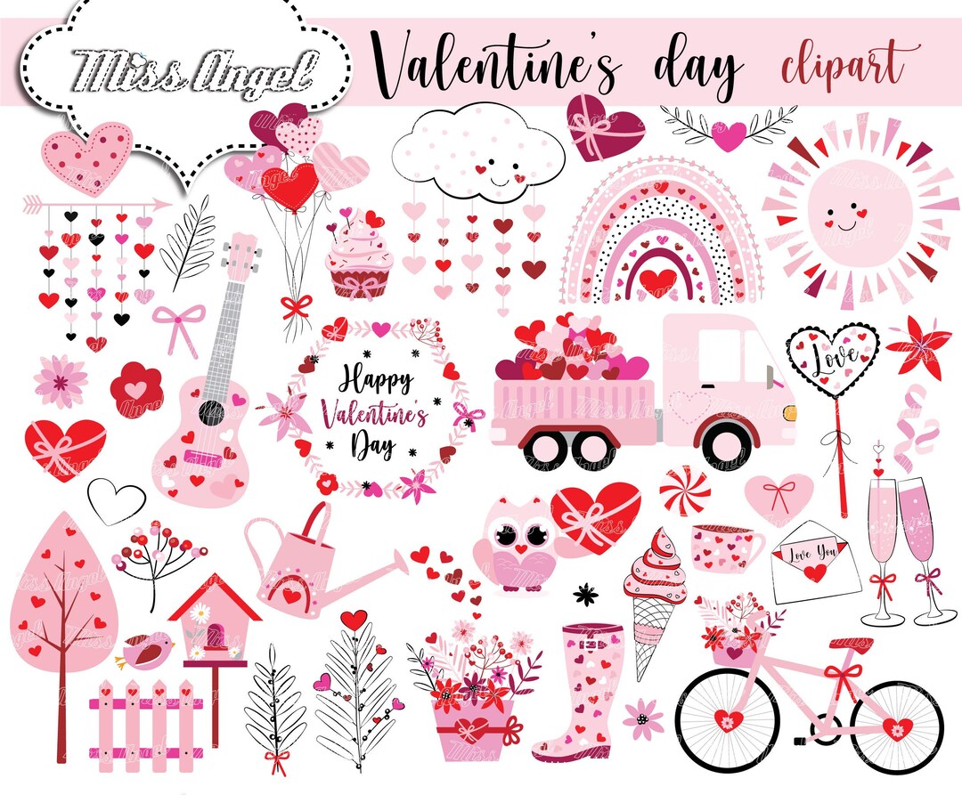Valentines Day Clipart Bundle. Valentine Clipart Set. Pink Red - Etsy