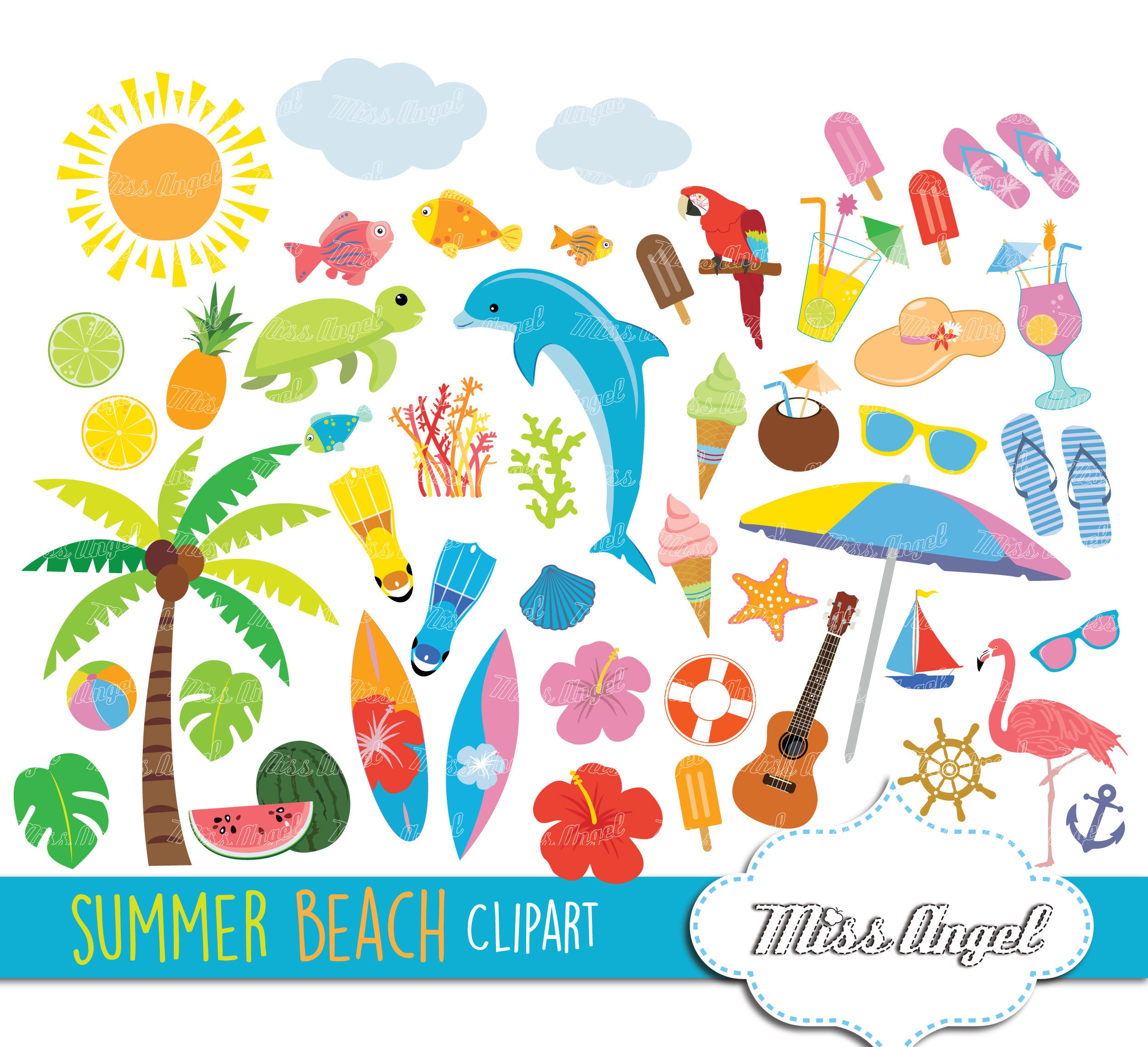 Summer Beach Clipart Set. Hawaii Surf Tropical Clip Art. Surfboards ...