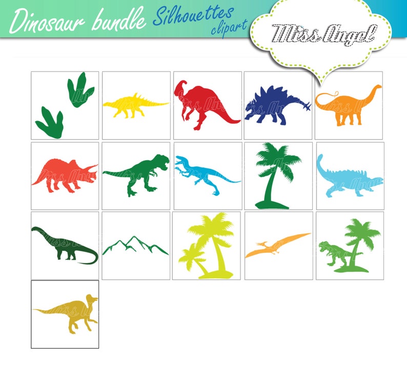 Dinosaur Clip Art. Digital Dinosaurs Silhouettes Bundle. Bright Colors ...