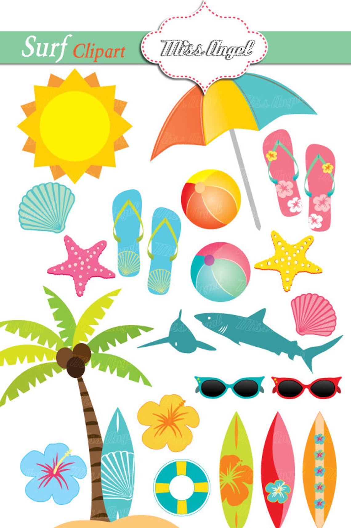 Hawaii Surf Clipart, Summer Beach Clip Art, Surfboards, Palmtree ...