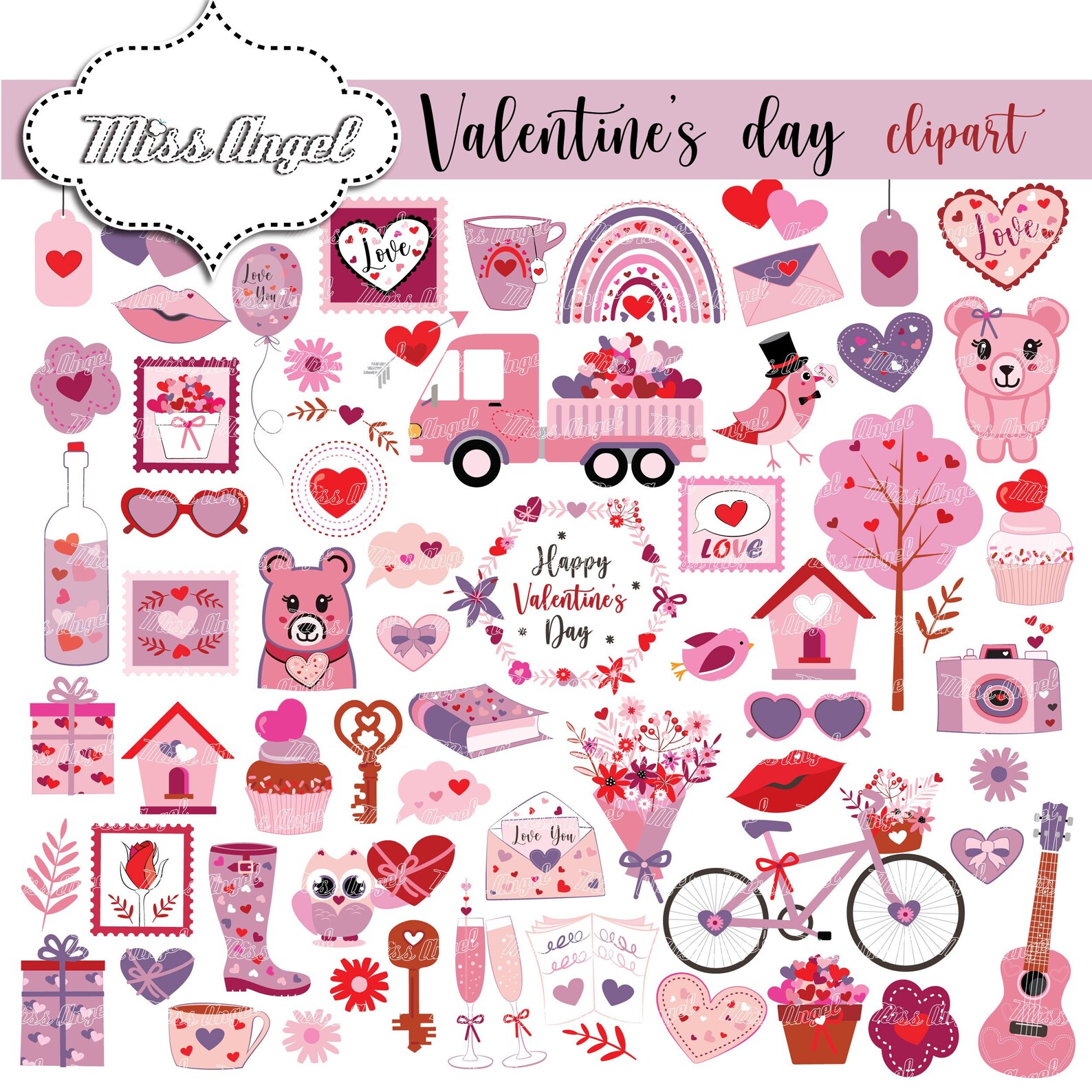 Valentines Day Clipart. Cute Valentines Bundle. Truck, Bike, Flowers ...