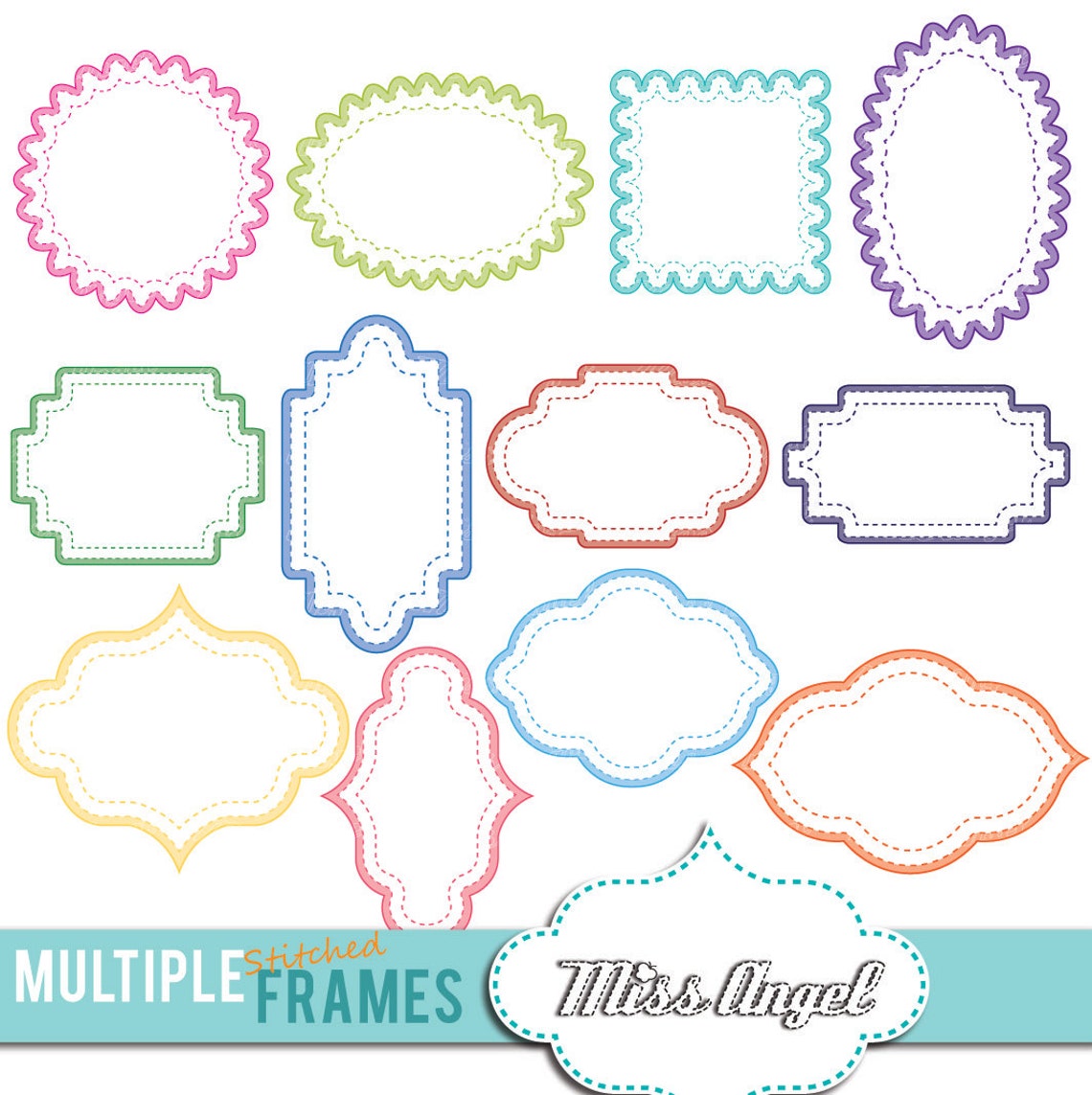 Multiple Stitched Frames Clipart, 12 Digital Labels. Digital 6" Tags ...
