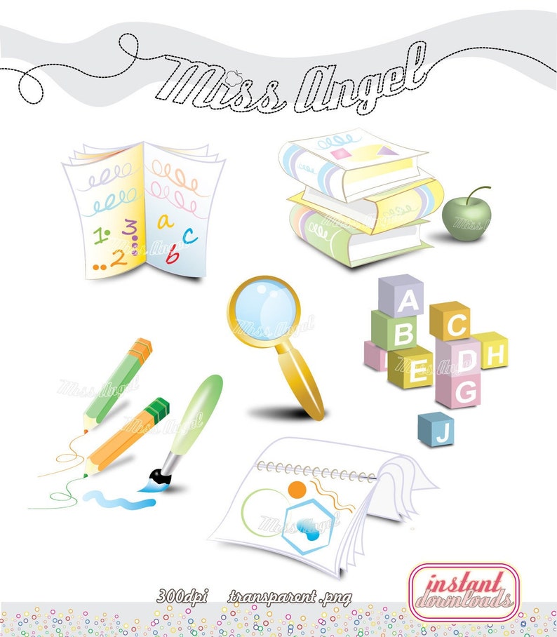 Back to School CLIP ART SET, Books, Alphabet, Pencil, Brush, Notebook ...