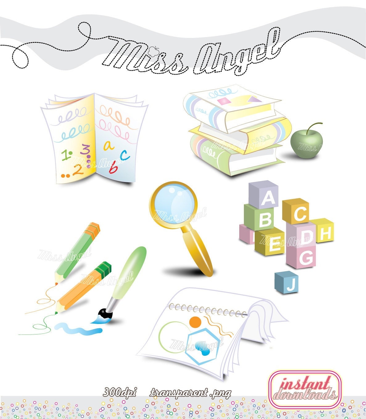 Back to School CLIP ART SET, Books, Alphabet, Pencil, Brush, Notebook ...
