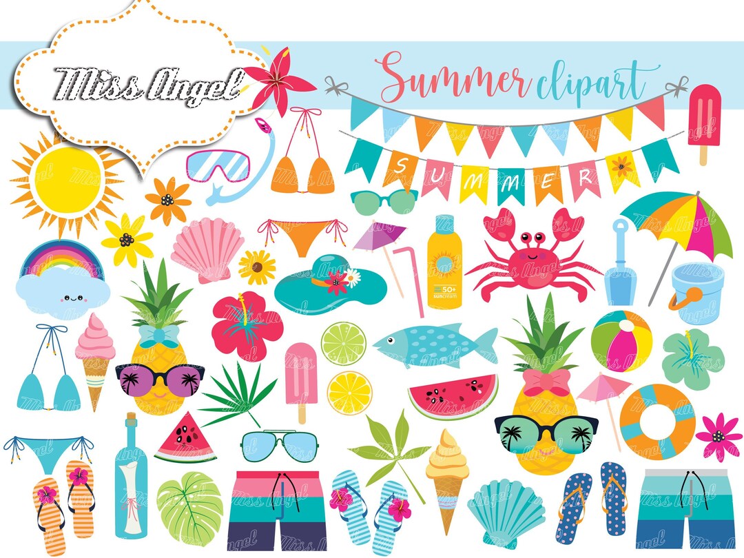 Summer Clipart. Beach Clip Art. Bikini, Shorts, Shells, Hibiscus ...
