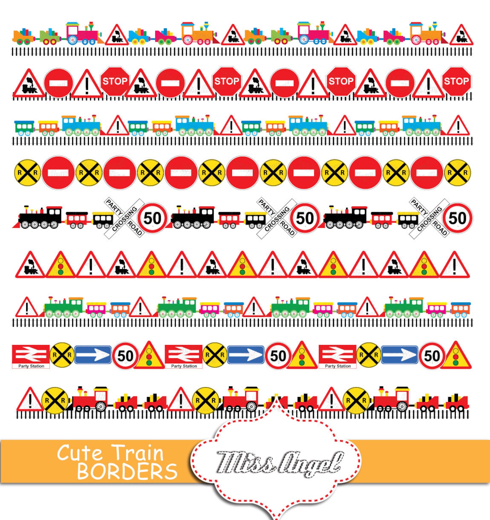 Trains Borders Clipart. Traffic Signs Digital Borders. Trains Ribbons ...