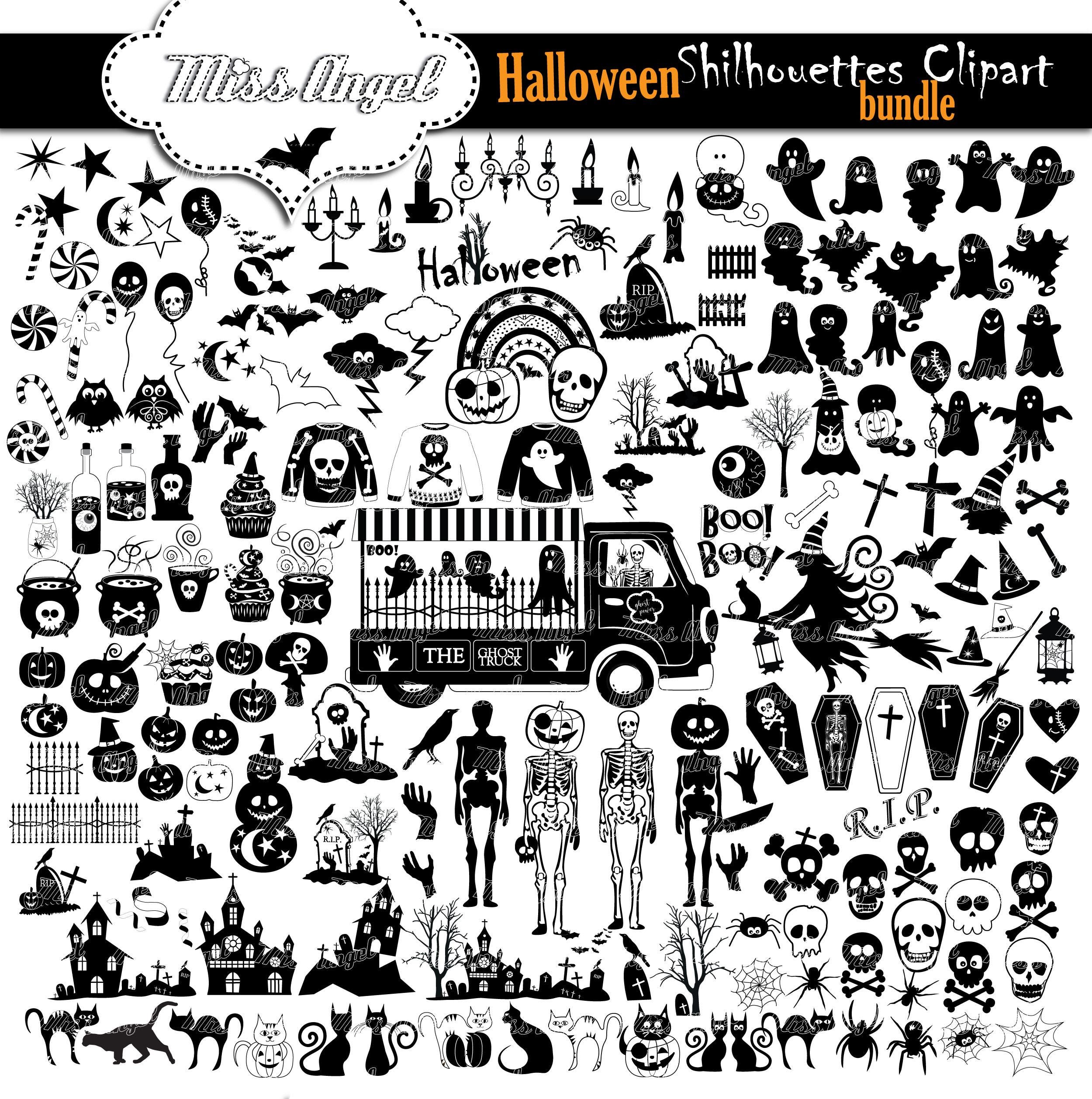 Halloween Silhouettes Clipart. Black and White Digital Halloween Clip ...
