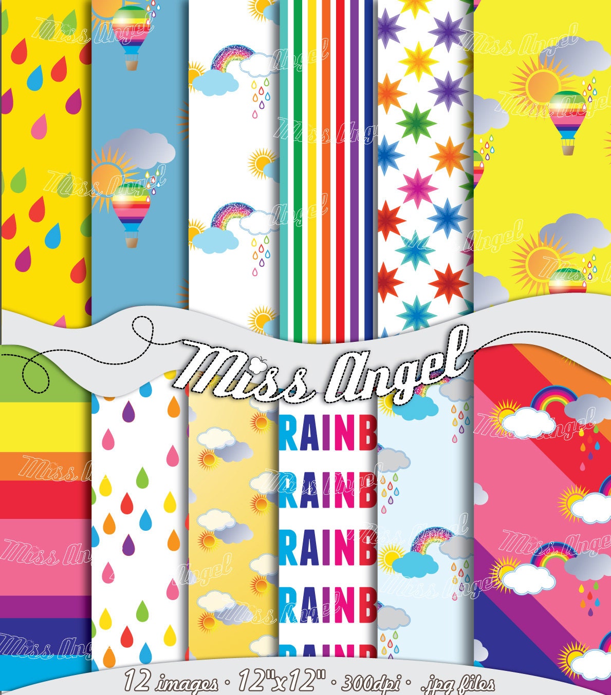 Rainbow Digital Paper Sheets. Rainbow Wrapping Papers. Colorful Rainbow ...