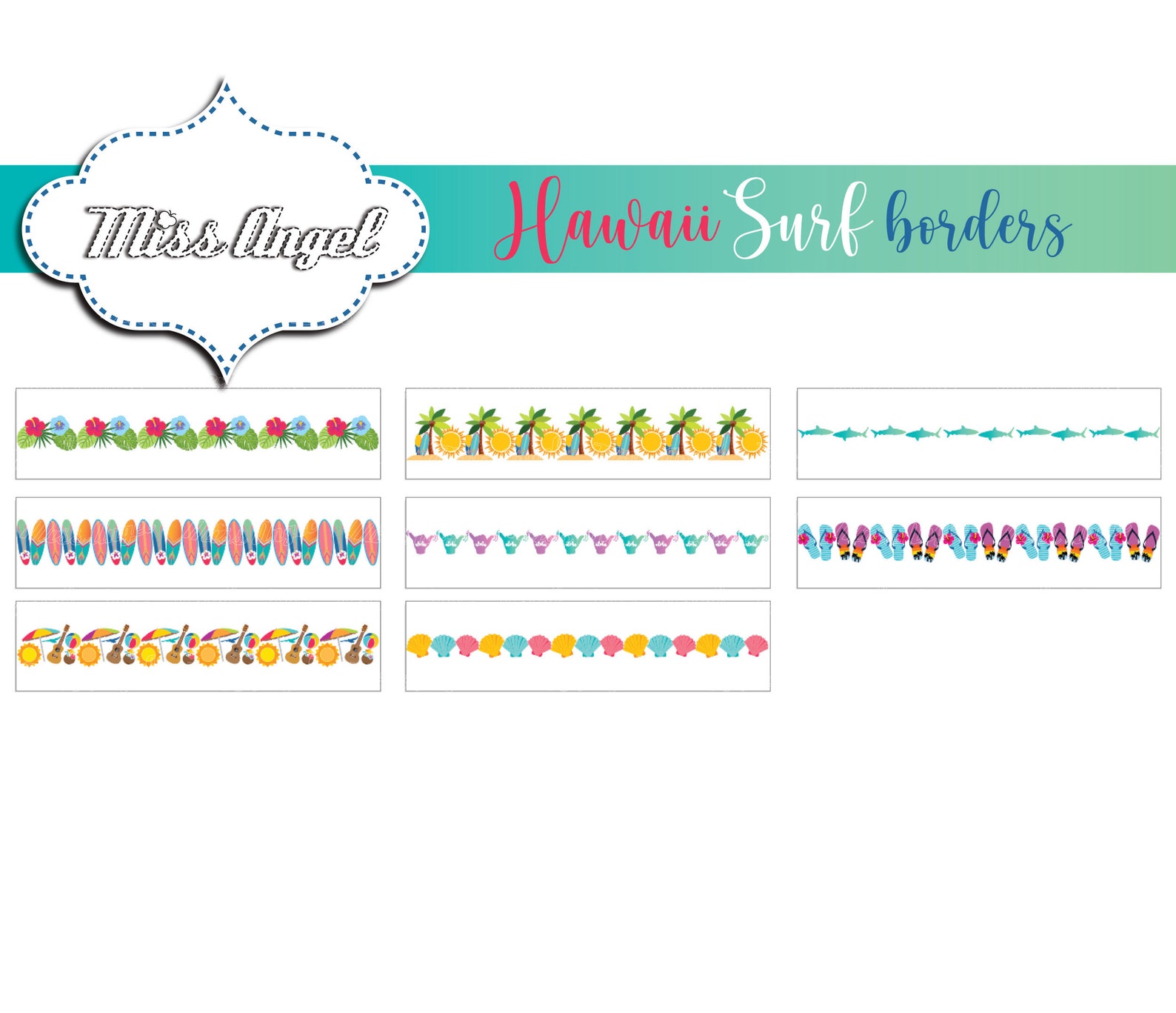 Hawaii Surf Borders Clipart. Summer Digital Ribbons, Tropical Surf ...