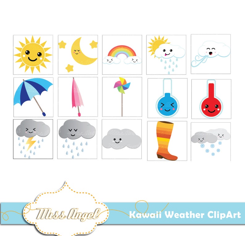 Weather Clipart Set. Cute Kawaii Weather. Rainbow, Clouds, Wind, Sun ...