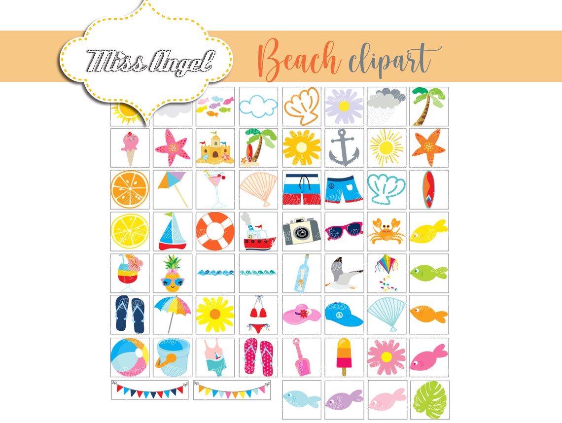 Beach Clipart Set. Summer Beach Clipart. Cute Beach Clipart Bundle ...