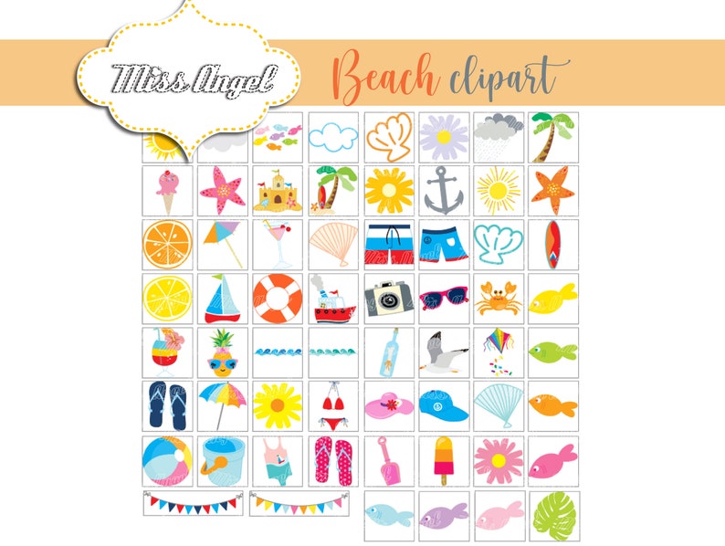 Beach Clipart Set. Summer Beach Clipart. Cute Beach Clipart Bundle ...