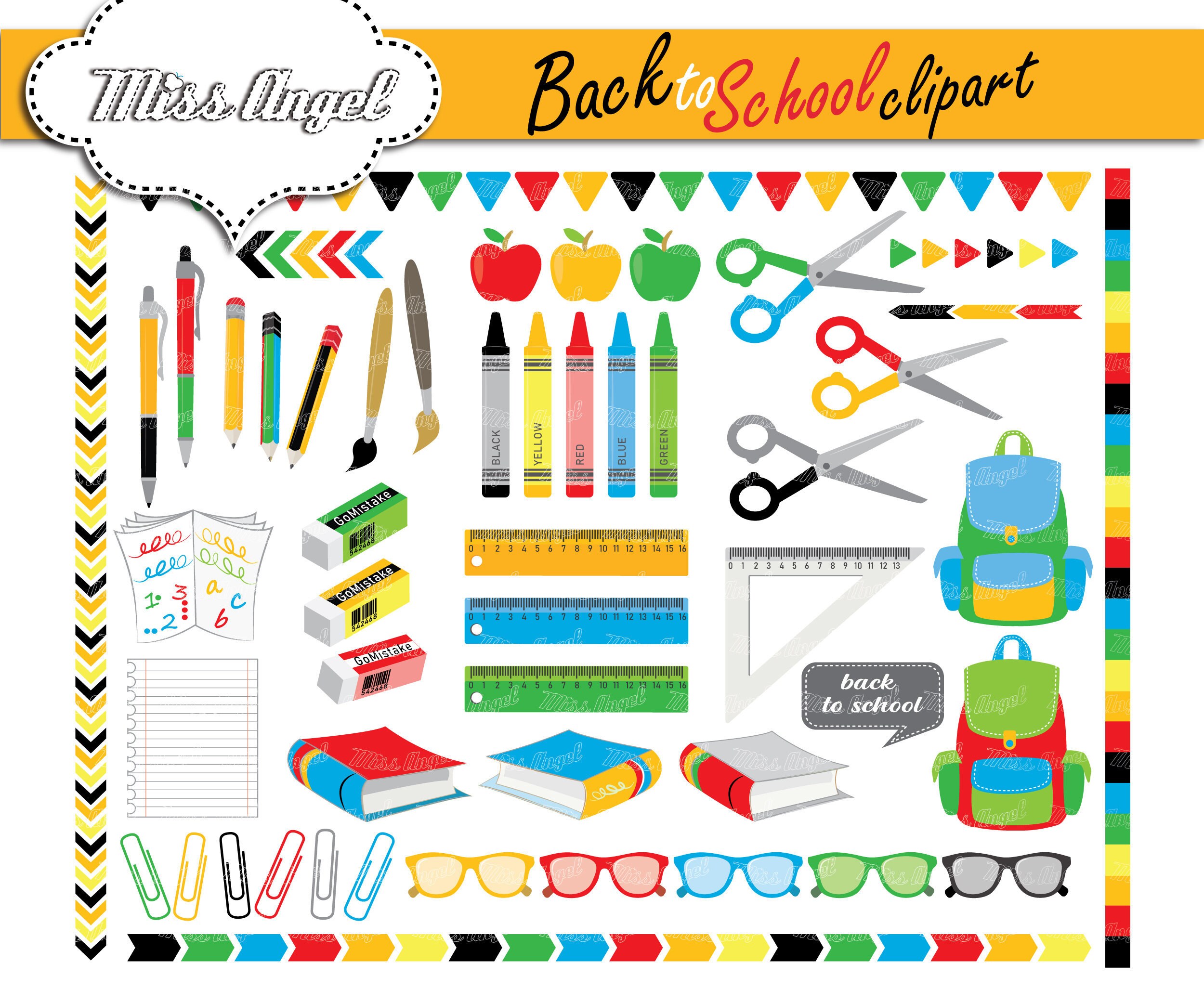 School CLIP ART. Back to School Supplies Clip Art. School Stationary ...