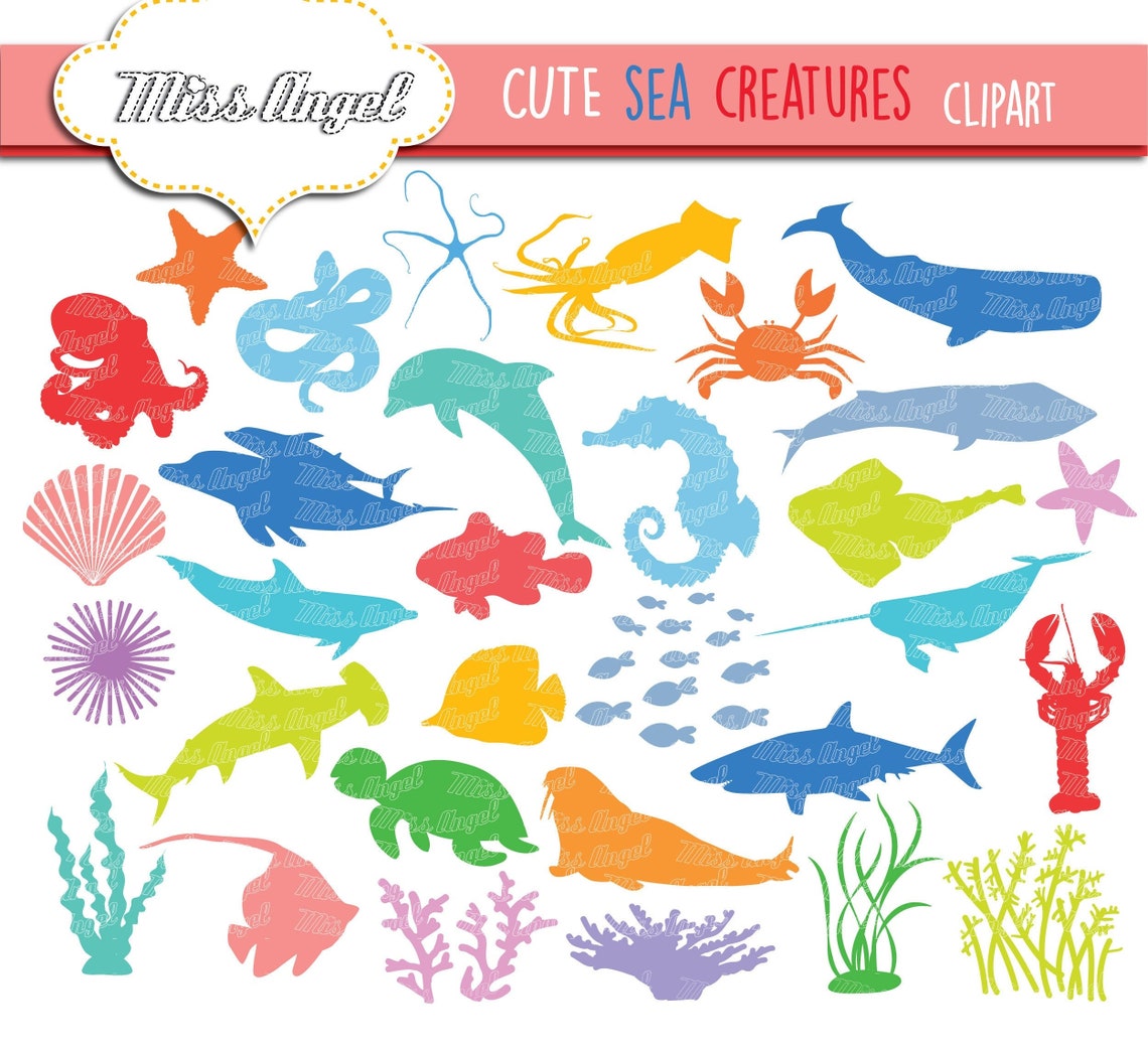 Sea Creatures Clip Art. Digital Sea Animals' Silhouettes. Printable ...