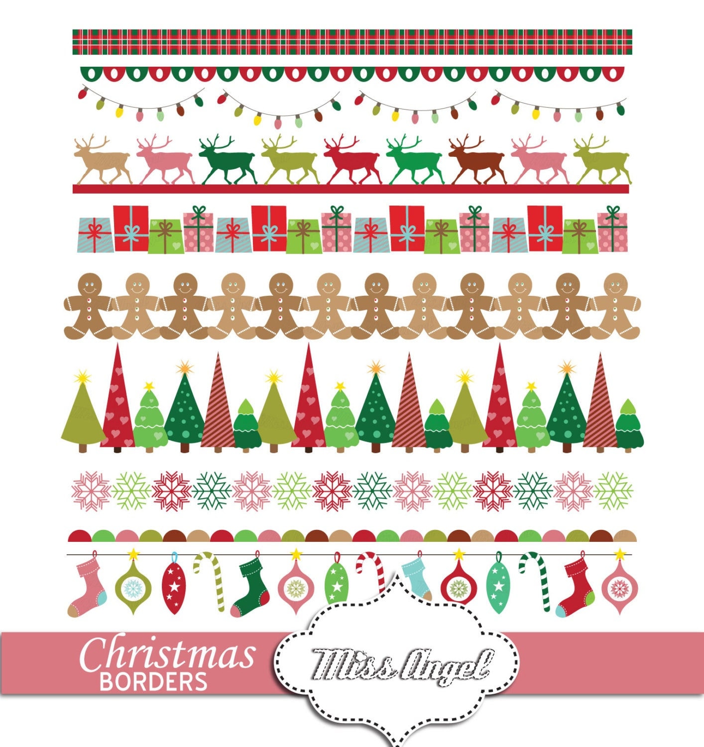 Digital Christmas Borders Clip Art, Red Green Blue. Small Commercial ...