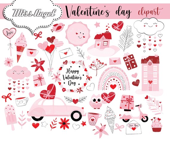 Valentines Day Clipart. Valentine Clipart Bundle. Pink Red | Etsy
