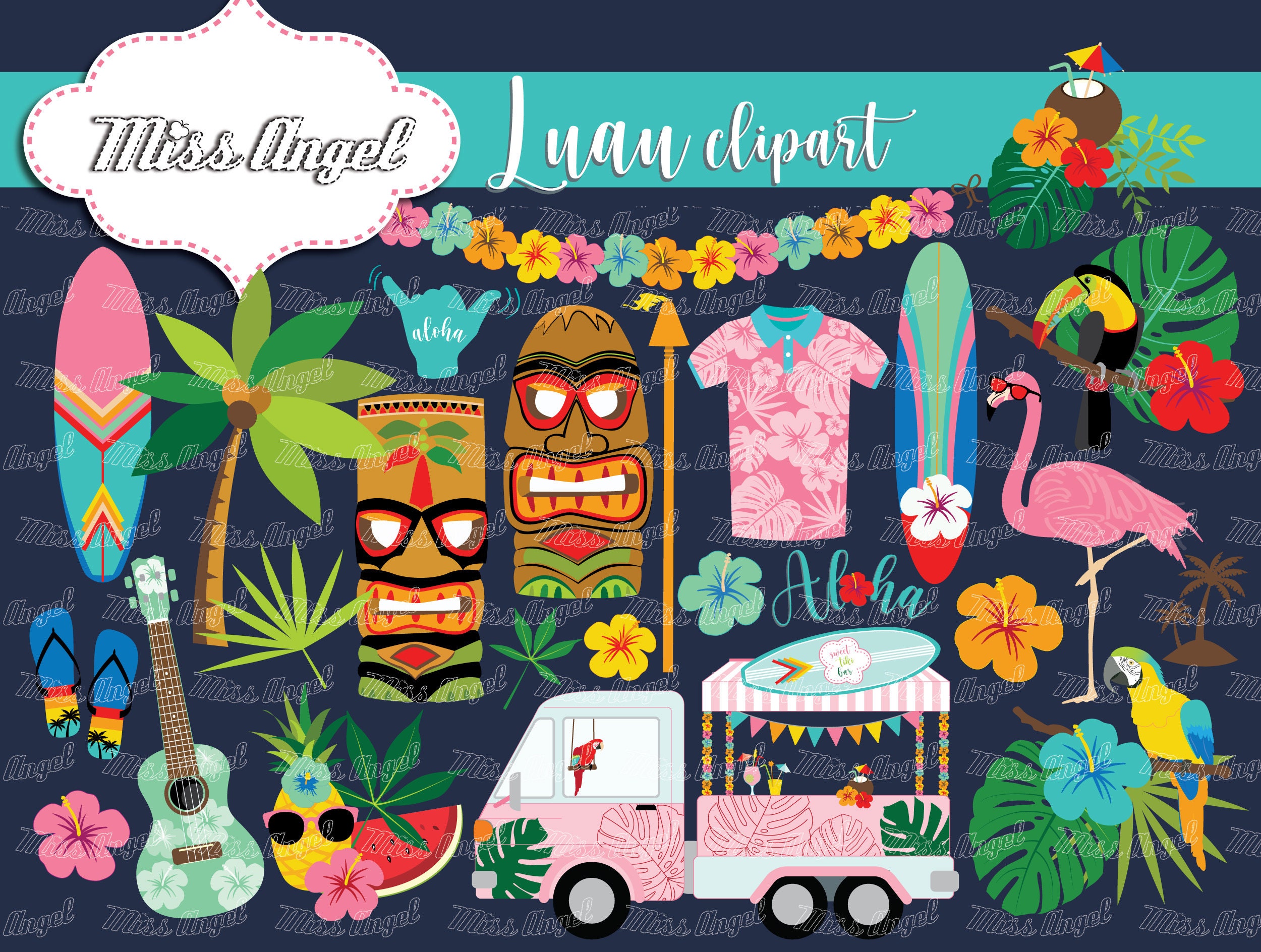 Luau CLIPART SET, Hawaii Summer Clipart. Printable Palm Tree, Toucan ...