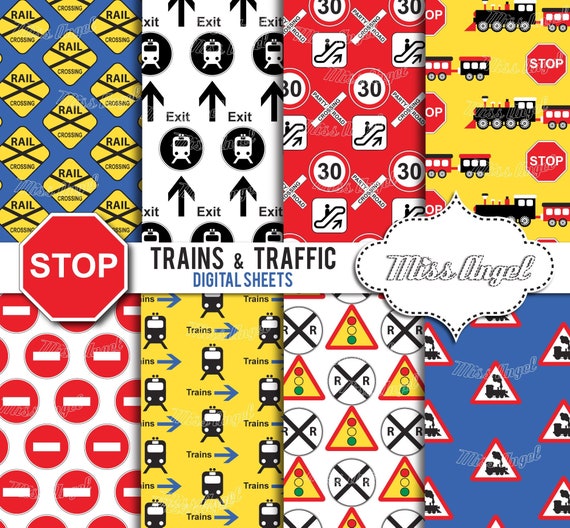 Trains and Traffic Sign Digital Papers. Traffic Signs Digital | Etsy