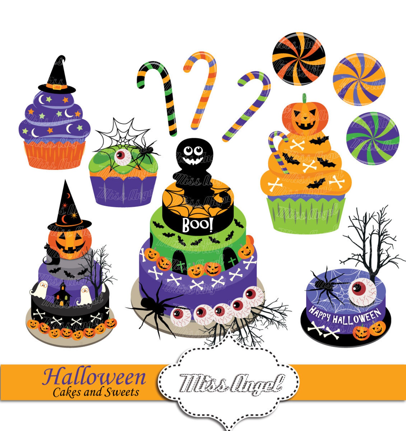 Halloween Sweets. Cakes, Candy, Cupcakes Clip Art. Digital Halloween ...