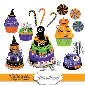 Halloween Sweets. Cakes, Candy, Cupcakes Clip Art. Digital Halloween ...