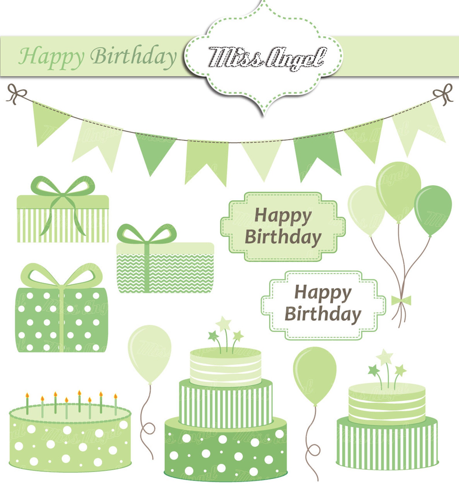 Happy Birthday Clipart green. Digital Party: Bunting Banner | Etsy