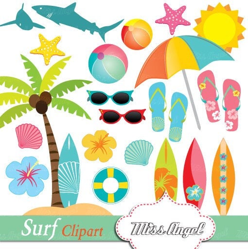 Hawaii Surf Clipart, Summer Beach Clip Art, Surfboards, Palmtree ...
