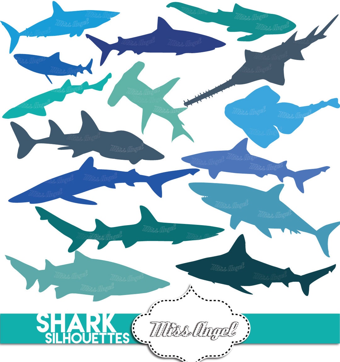 Sharks Silhouettes Clip Art. Digital Shark Silhouettes, Blue Shades ...