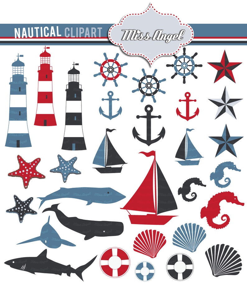 Nautical Clipart Dark Blues Red. 31 Digital Scrapbook Nautical ...