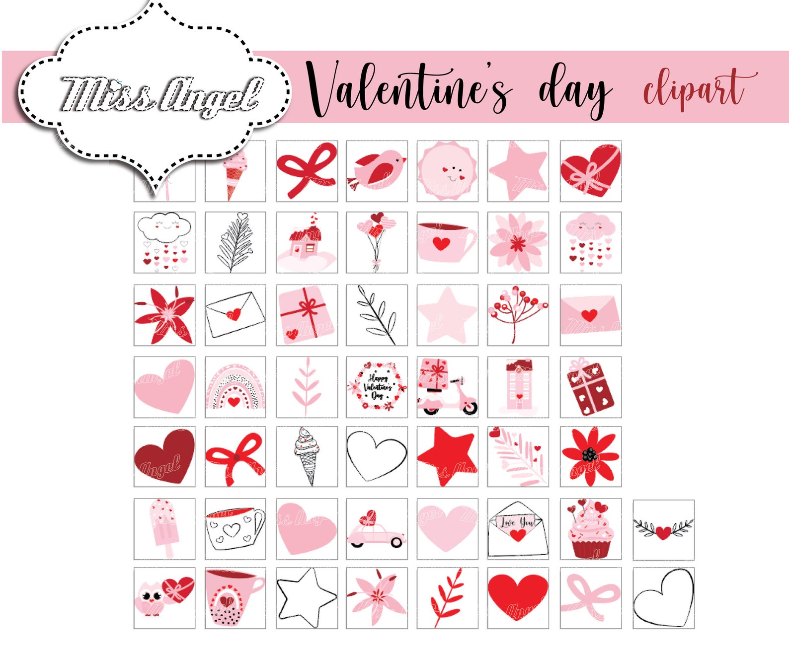 Valentines Day Clipart. Valentine Clipart Bundle. Pink Red Hearts ...