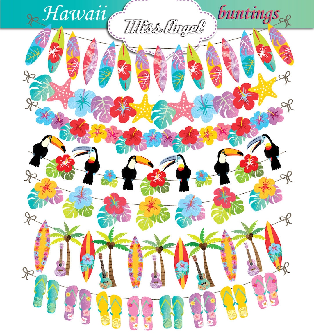 Hawaii Buntings. Surf Borders Clip Art. Tropical Summer Digital Ribbons ...