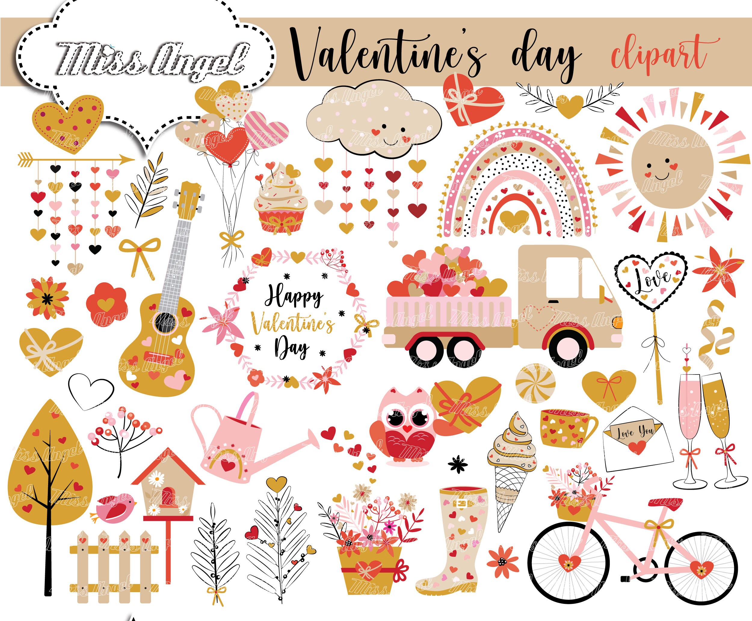 Valentines Day Clipart Bundle Gold. Valentine Clipart Set. Red Gold ...
