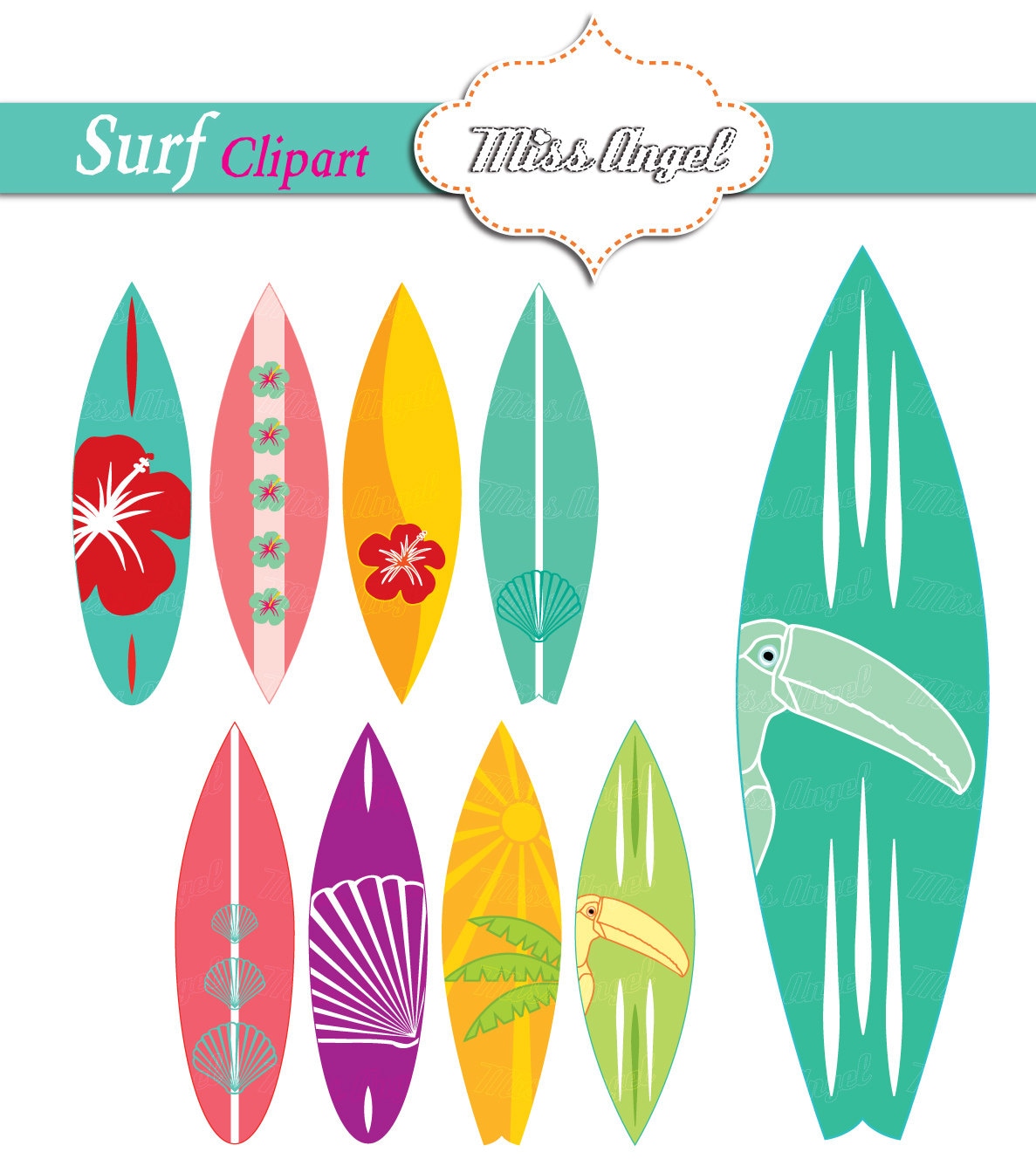 Surfboards Clipart, Summer Surfboards, Palmtree, Toucan, Shells ...