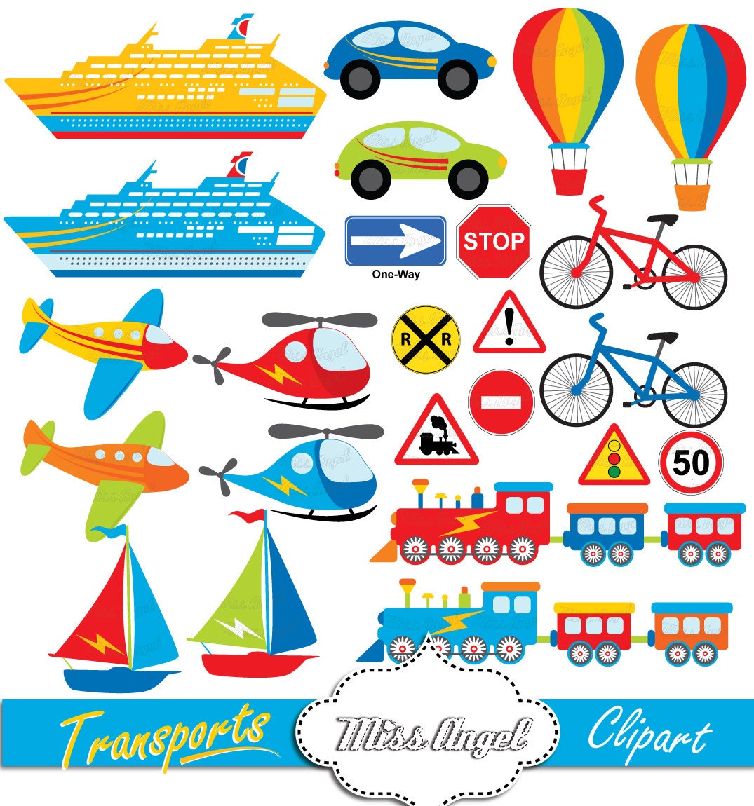 Transports and Signs Clipart. 24 Digital Car, Boat, Plane, Bike ...