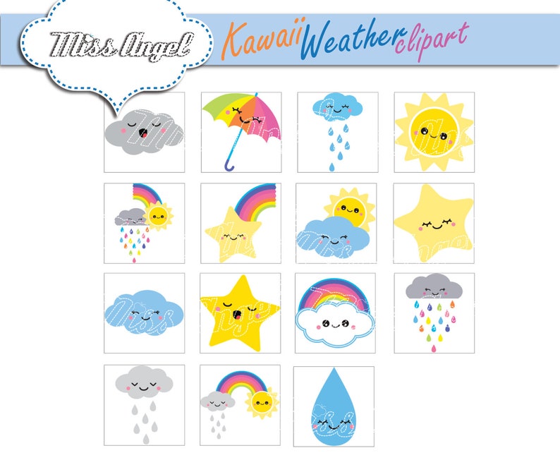 Kawaii Weather Clipart. Cute Printable Weather 15 Files. Colorful ...