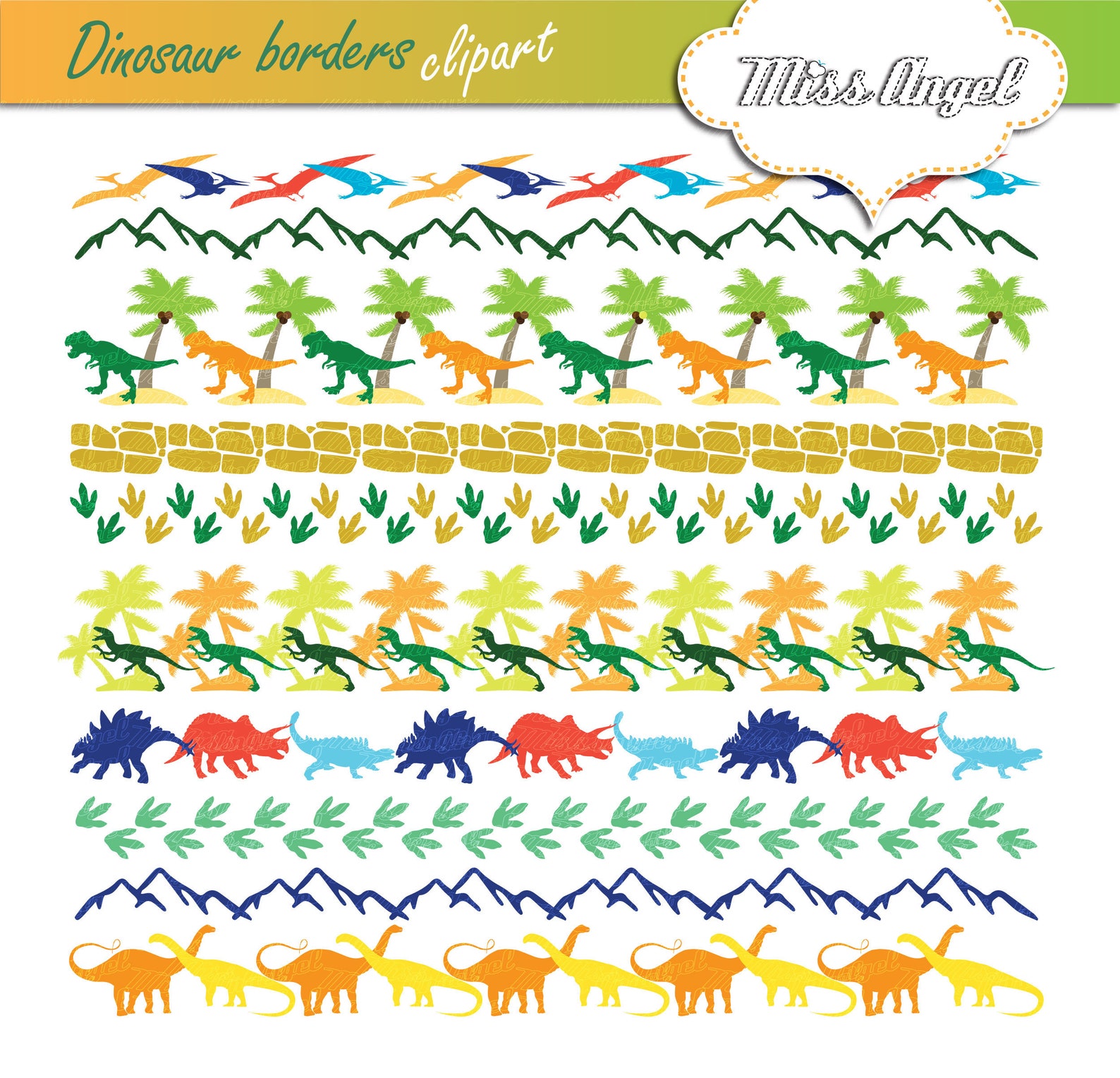 Dinosaur Digital Borders. Bright Colors Dinosaurs Clipart Borders ...