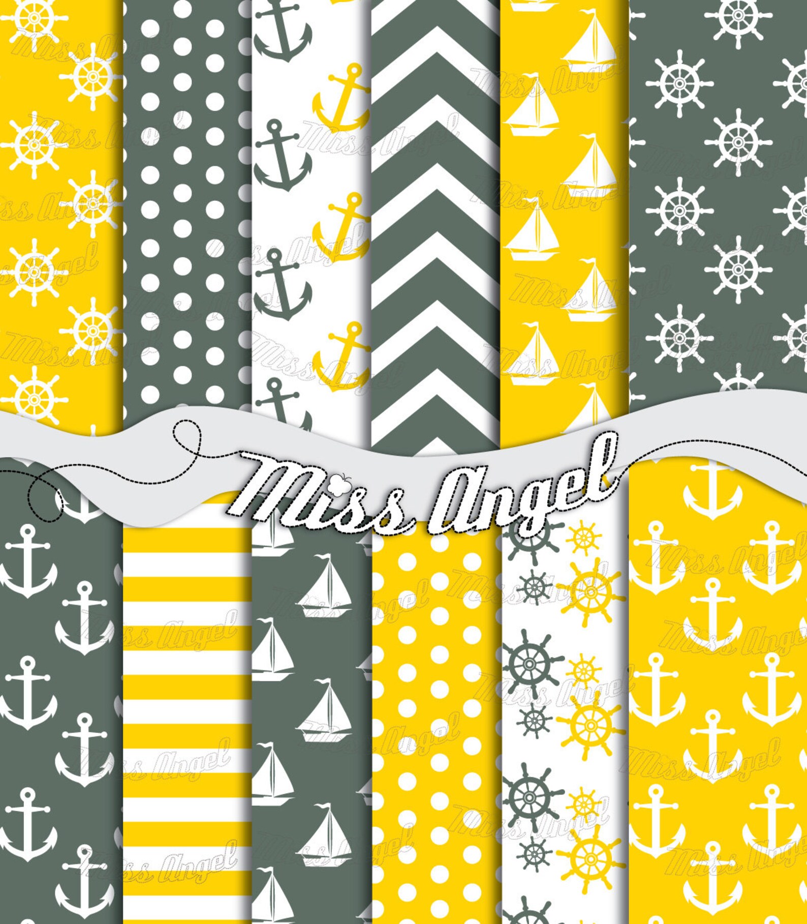 Nautical Digital Sheets Set. Scrapbook Paper Pack 12 Navy Patterns ...