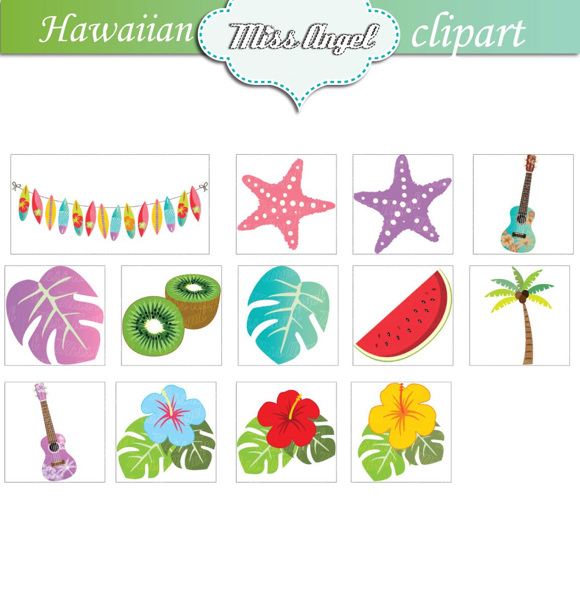 Hawaiian Summer Clipart. Hawaii Luau Beach Clip Art. Hibiscus, Palm ...