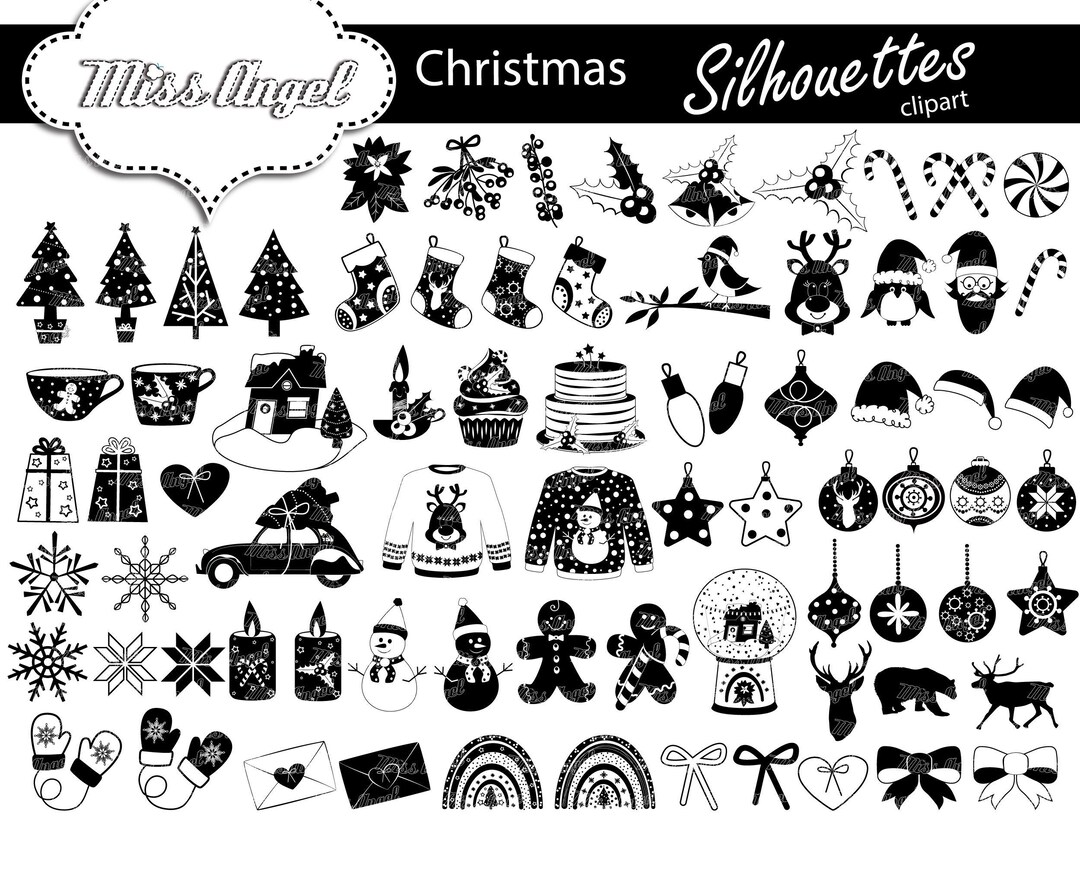 Christmas Silhouettes Clipart. B&W Digital Christmas Clip Art Bundle ...