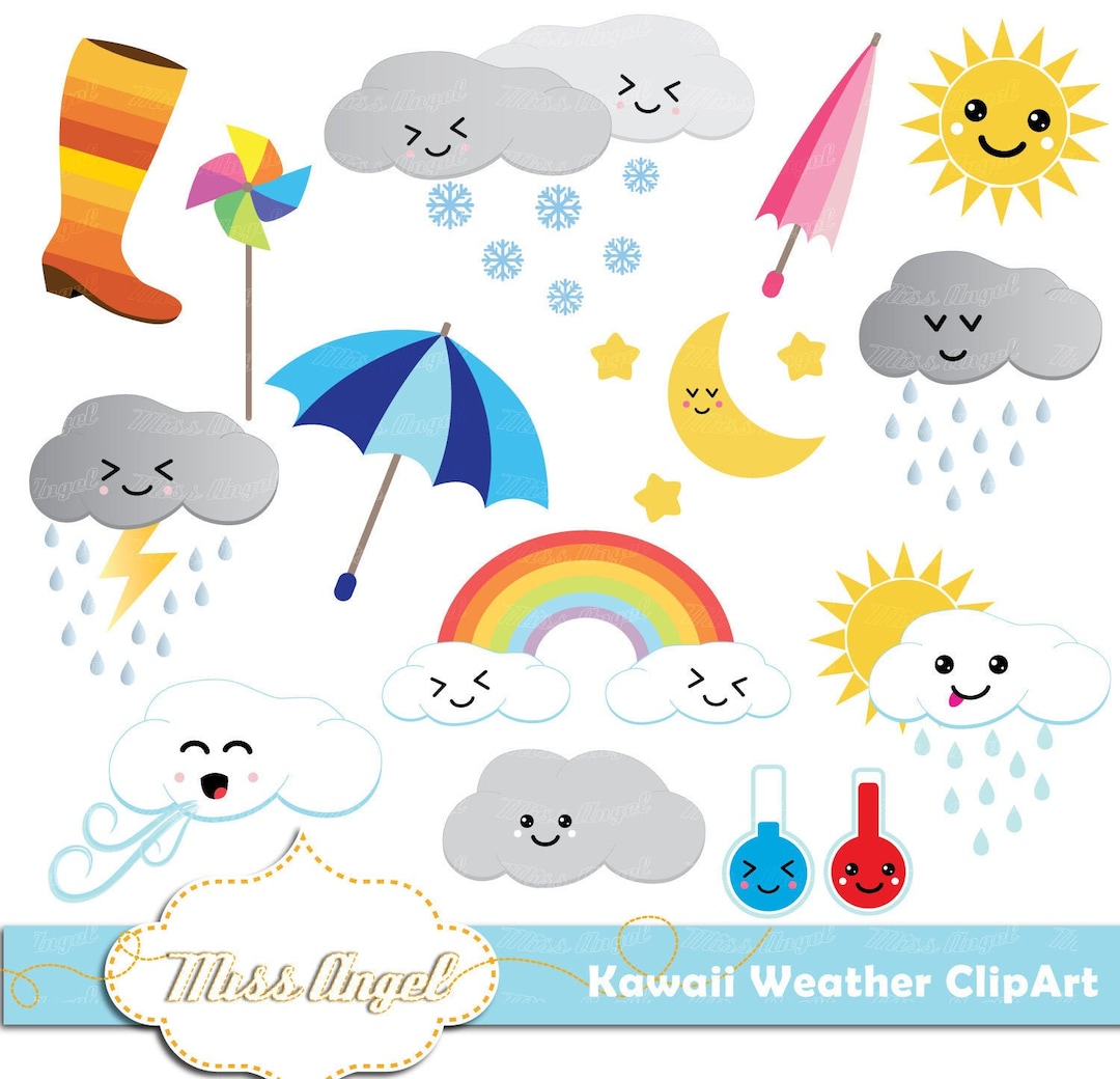 Weather Clipart Set. Cute Kawaii Weather. Rainbow, Clouds, Wind, Sun ...