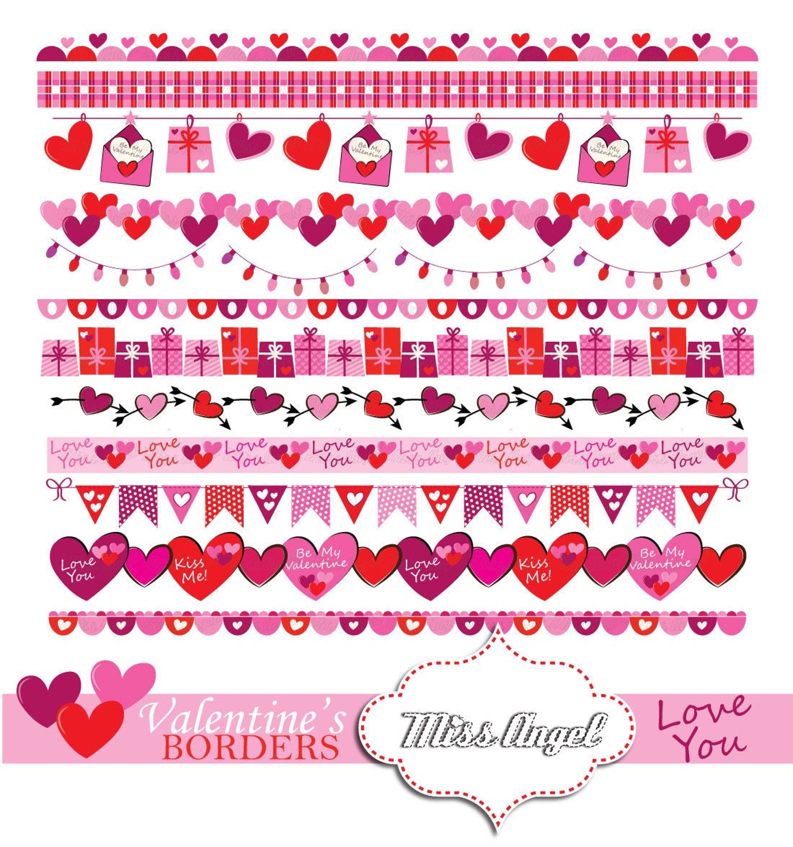 Valentine's Day Borders, 12 Love Bunting Banners Clip Art. 12" Romantic ...