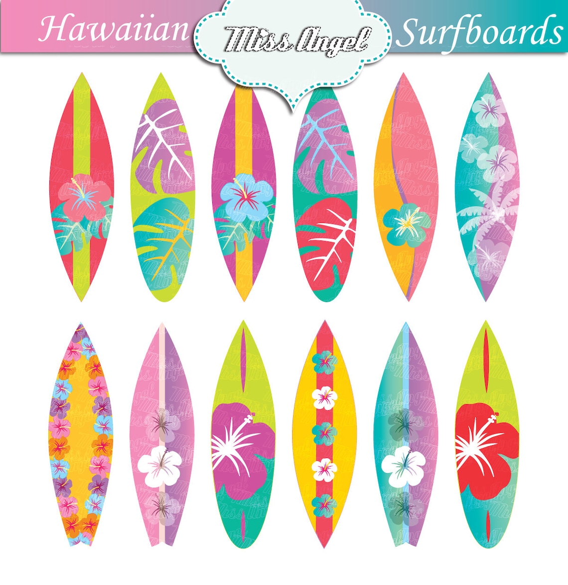 Hawaii Surfboards Clip Art Set, 12 Digital Surf Boards. Hibiscus ...