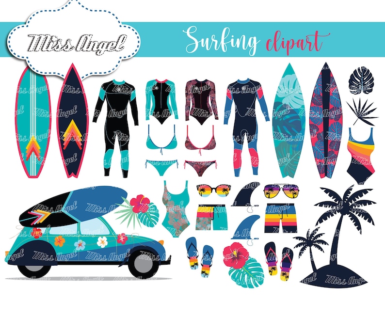 Surfing Clipart. Summer Surf Clip Art. Digital Surfboard Palm - Etsy