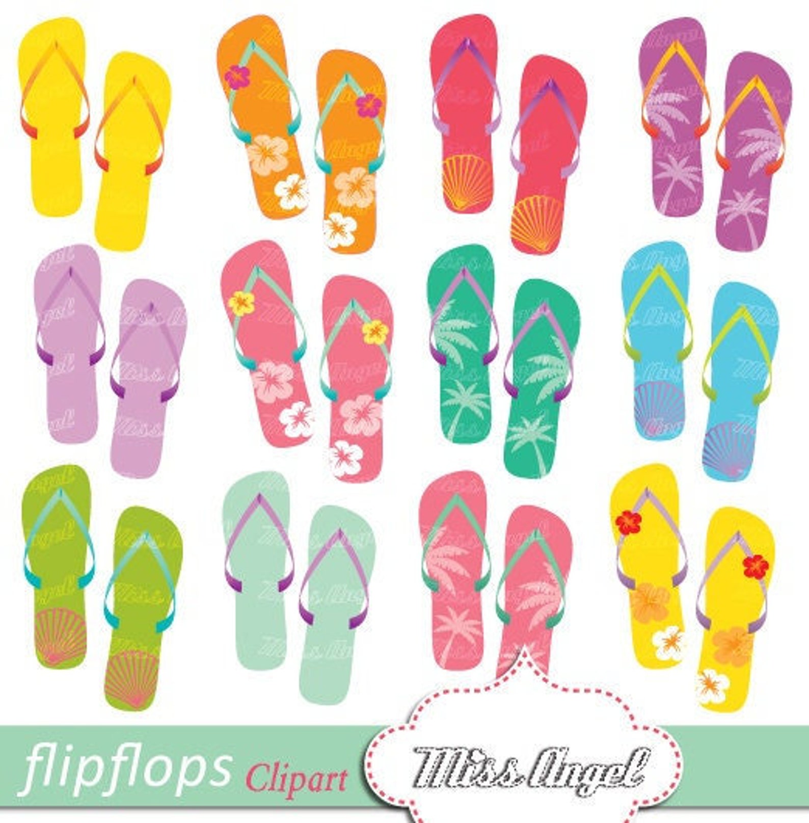 Flip Flops Clipart, Summer Thongs Clip Art. Palmtree, Hibiscus ...