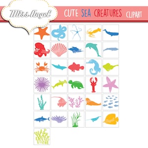 Sea Creatures Clip Art. Digital Sea Animals' Silhouettes. Printable ...
