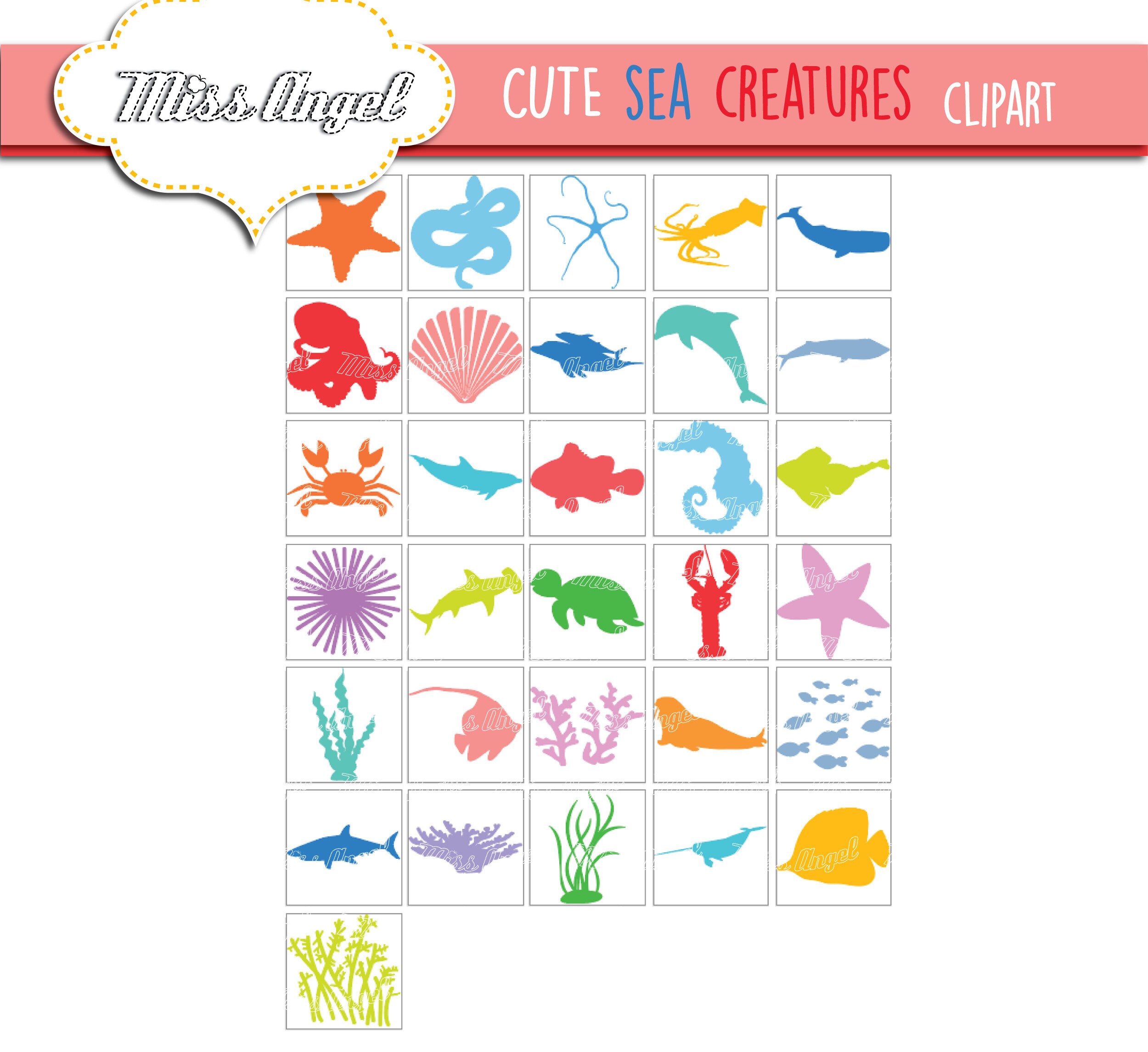 Sea Creatures Clip Art. Digital Sea Animals' Silhouettes. Printable ...