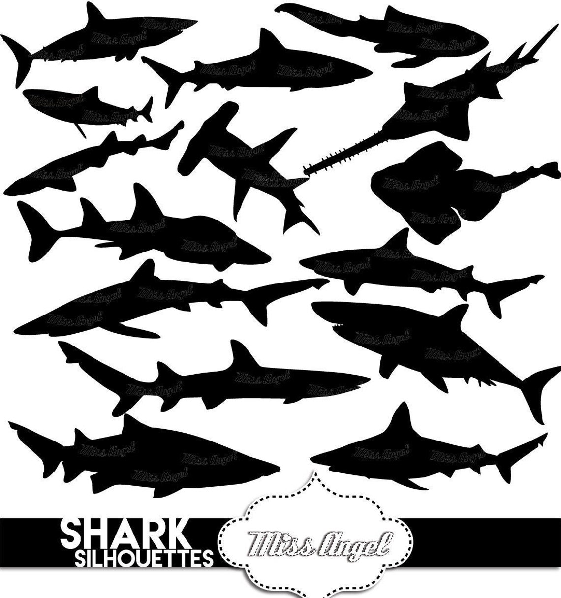 Sharks Silhouettes Clip Art. Digital Shark Silhouette. Scrapbook ...