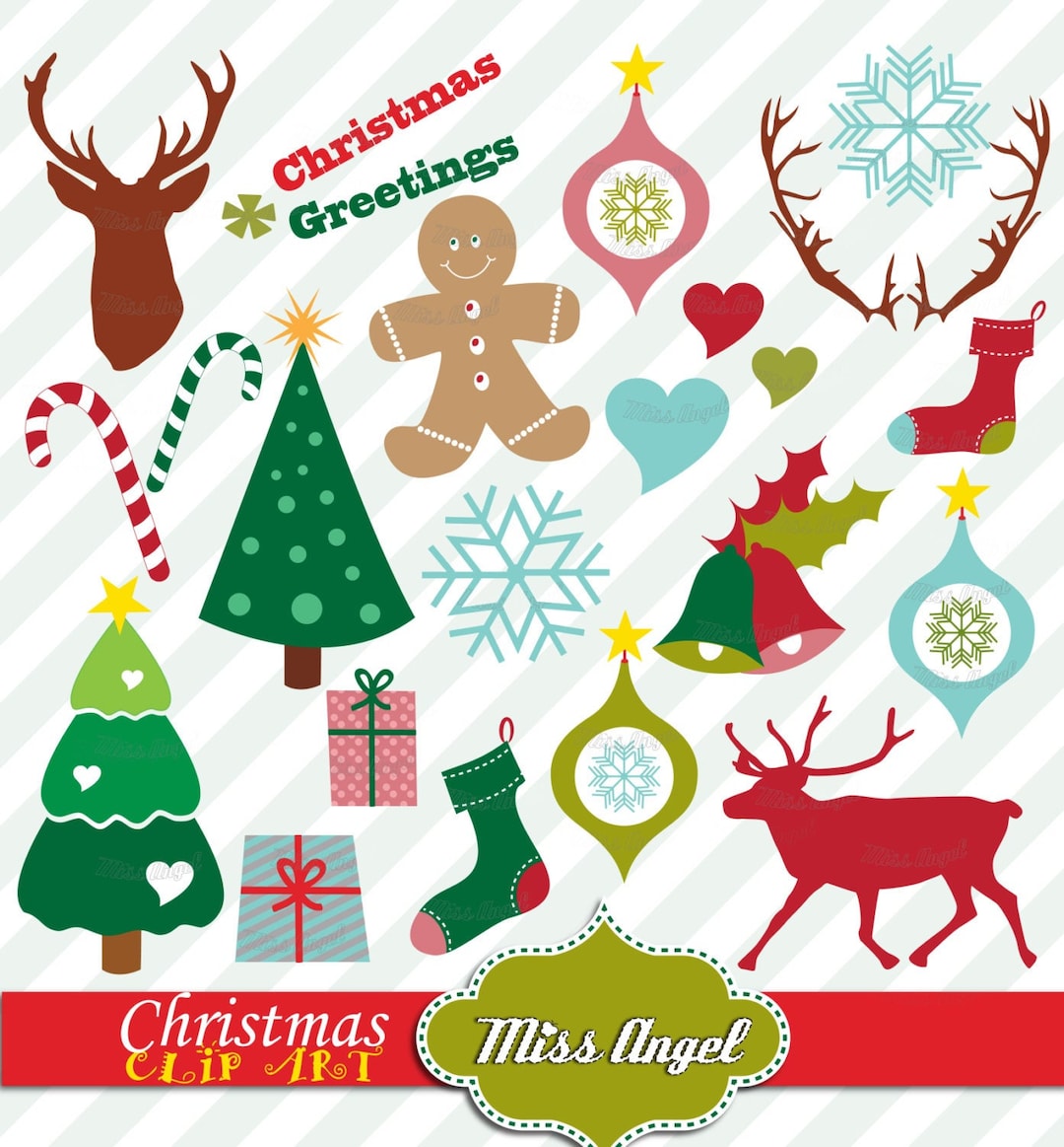 Christmas Clipart Set. Reindeers, Tree, Gift Boxes, Gingerbread Man ...