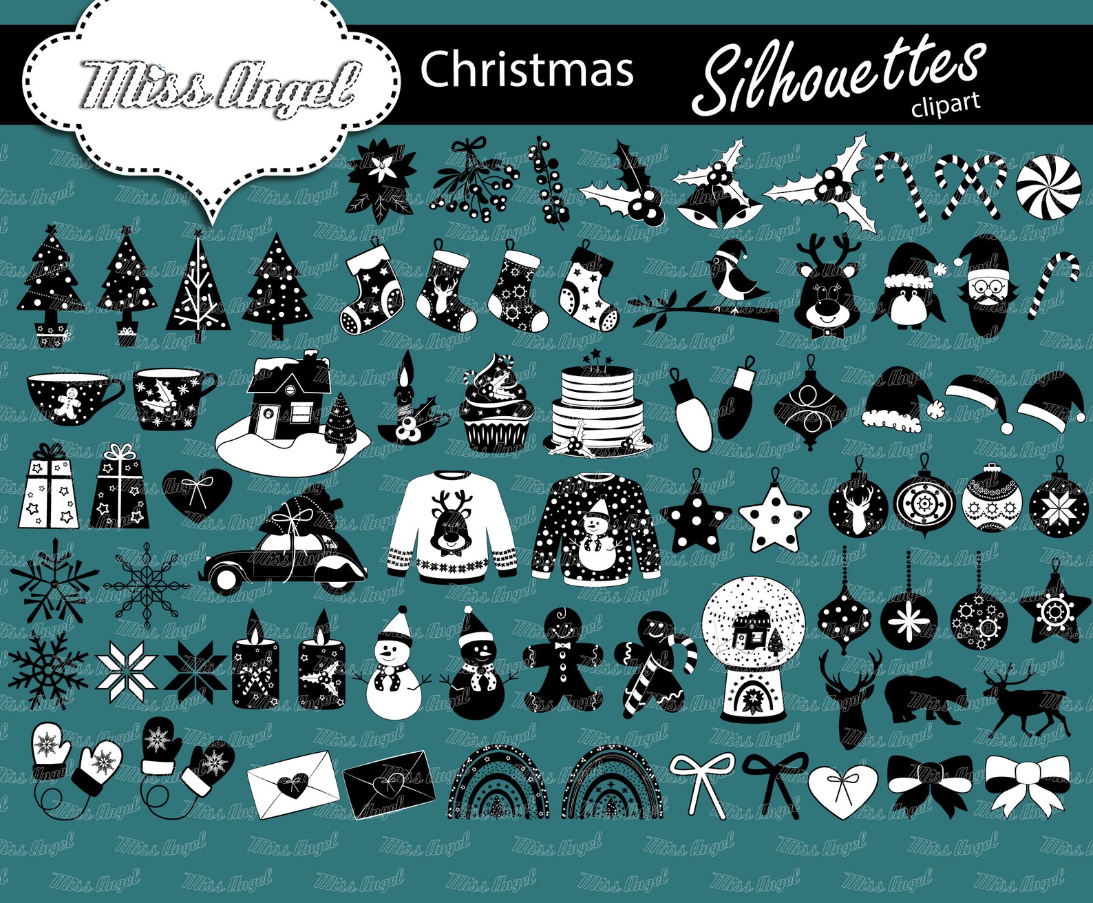 Christmas Silhouettes Clipart. B&W Digital Christmas Clip Art - Etsy