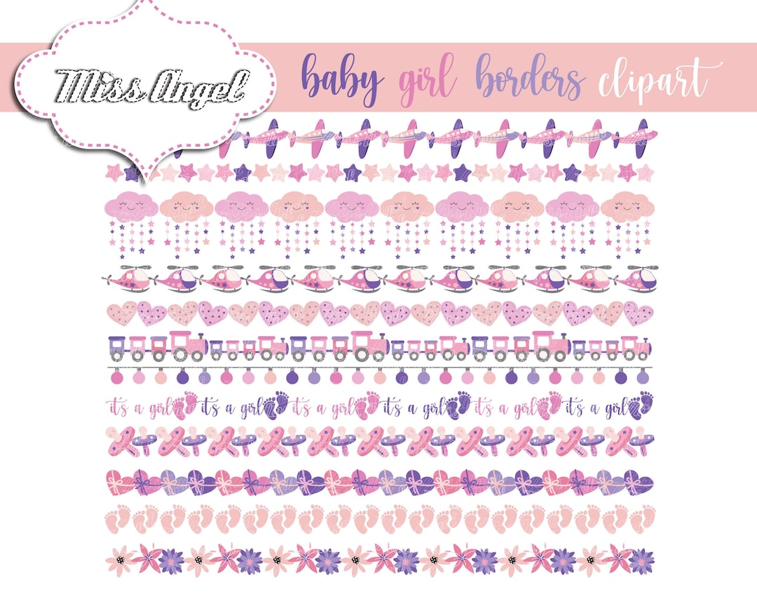 Baby Girl Borders Set. Baby Girl Digital Borders, Pink Digital Ribbons ...