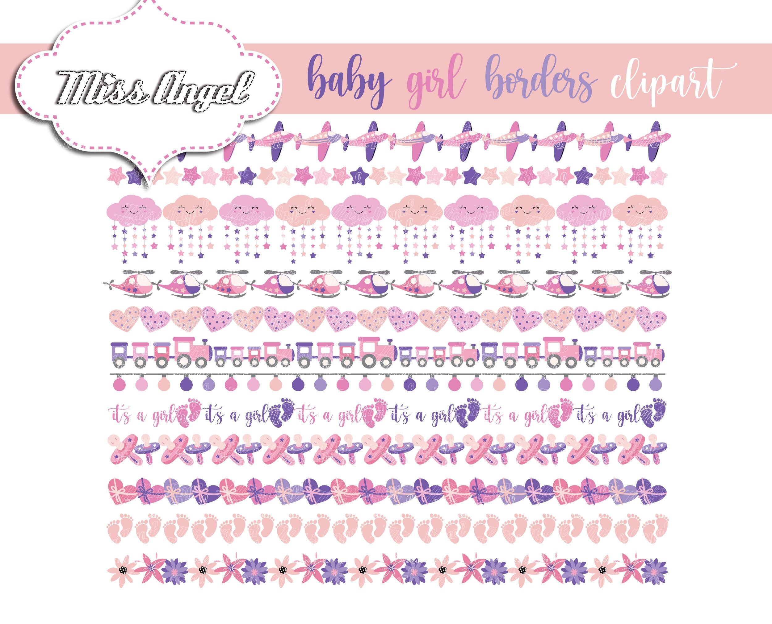 Baby Girl Borders Set. Baby Girl Digital Borders, Pink Digital Ribbons ...
